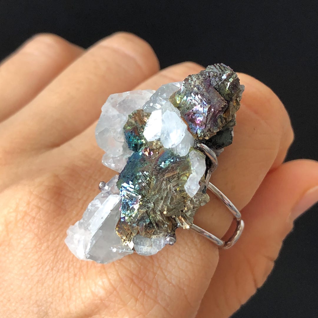 Raw Rainbow Chalcopyrite Calcite Crystal Ring, Large Raw Stone Ring Big ...