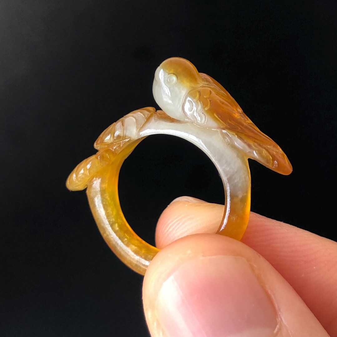 Natural Xiu Jade (serpentine) Hand Carved Bird and Flower Ring | 15.1mm ...