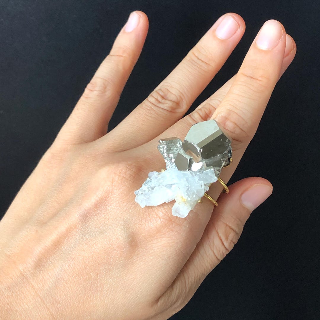 Raw Pyrite Ring With Quartz, Big Silver Raw Stone Ring Large Raw ...