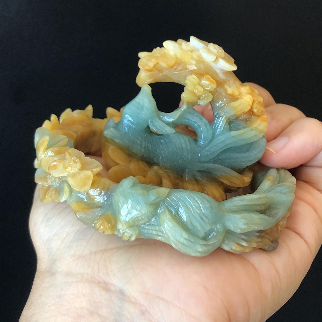 54.9mm Certificated Natural Xiu Jade Serpentine Hand Carved Nine-tailed ...