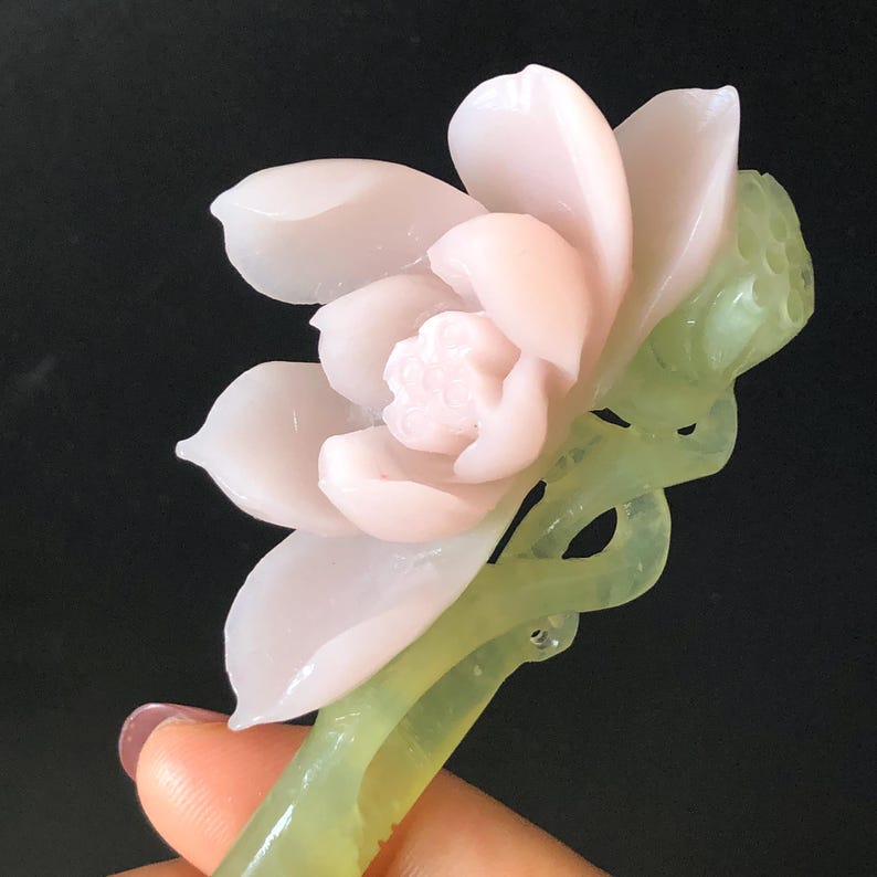 Natural Xiu Jade Serpentine Hand Carved Pink Lotus Flower Hair Pin ...