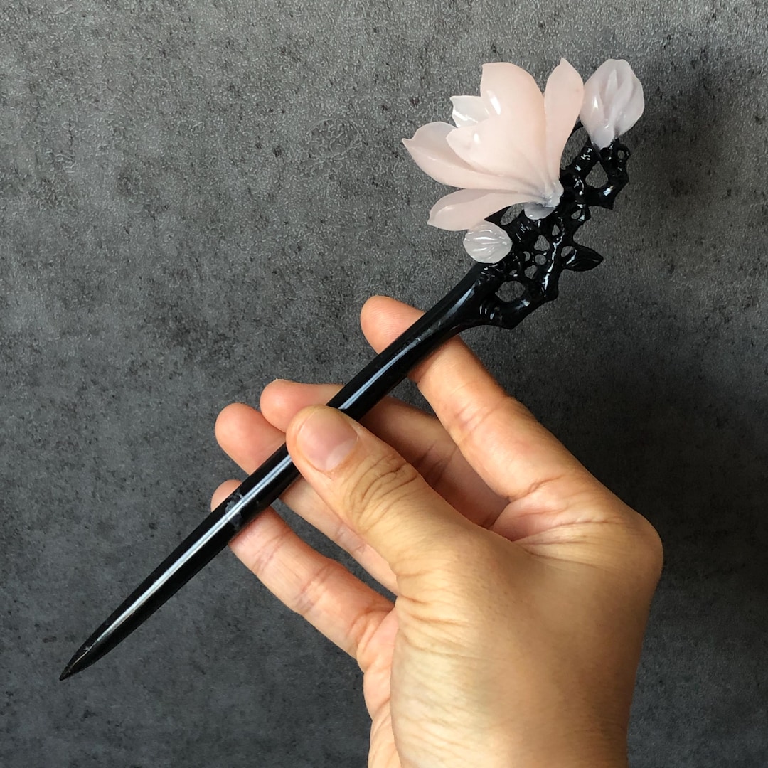 Natural Xiu Jade Serpentine Hand Carved Yulan Flower Hair Pin, Black ...