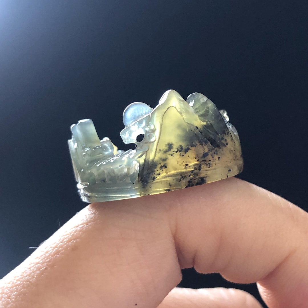 Natural Xiu Jade Serpentine Carved Countryside Landscape Ring | 17.4mm ...