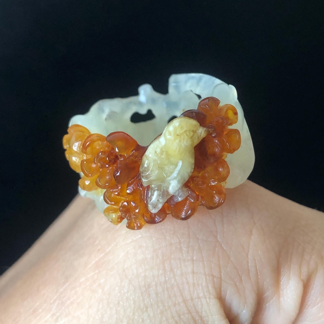 Natural Xiu Jade Hand Carved Bird, Flower, Tree Branches Ring | 17.5mm ...