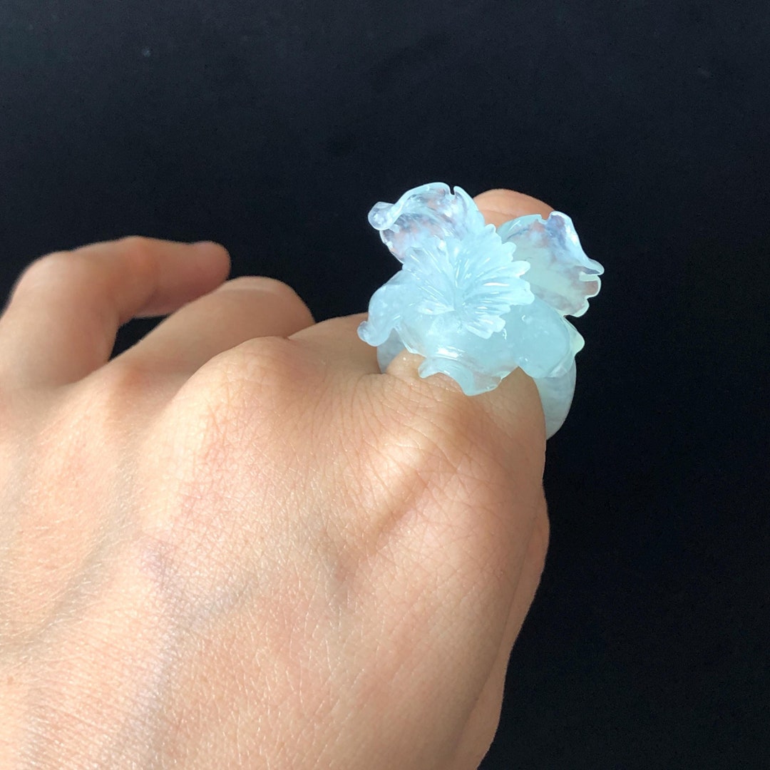 Natural Xiu Jade (serpentine) Hand Carved Flower Iris Ring | Icy Translucent Blue | 17.6mm (US 7 ...