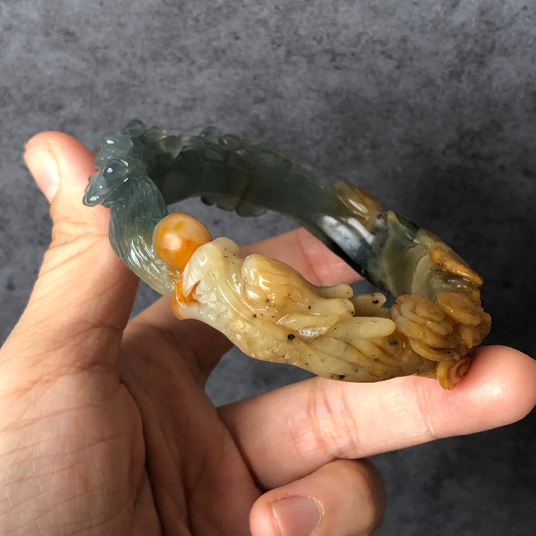 56.4mm Natural Xiu Jade Serpentine Hand Carved Dragon Bangle Bracelet ...