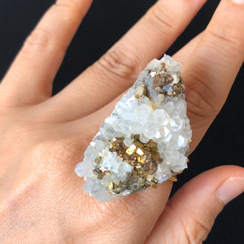 Raw Chalcopyrite and Clear Quartz Crystal Ring | Raw Stone Ring ...