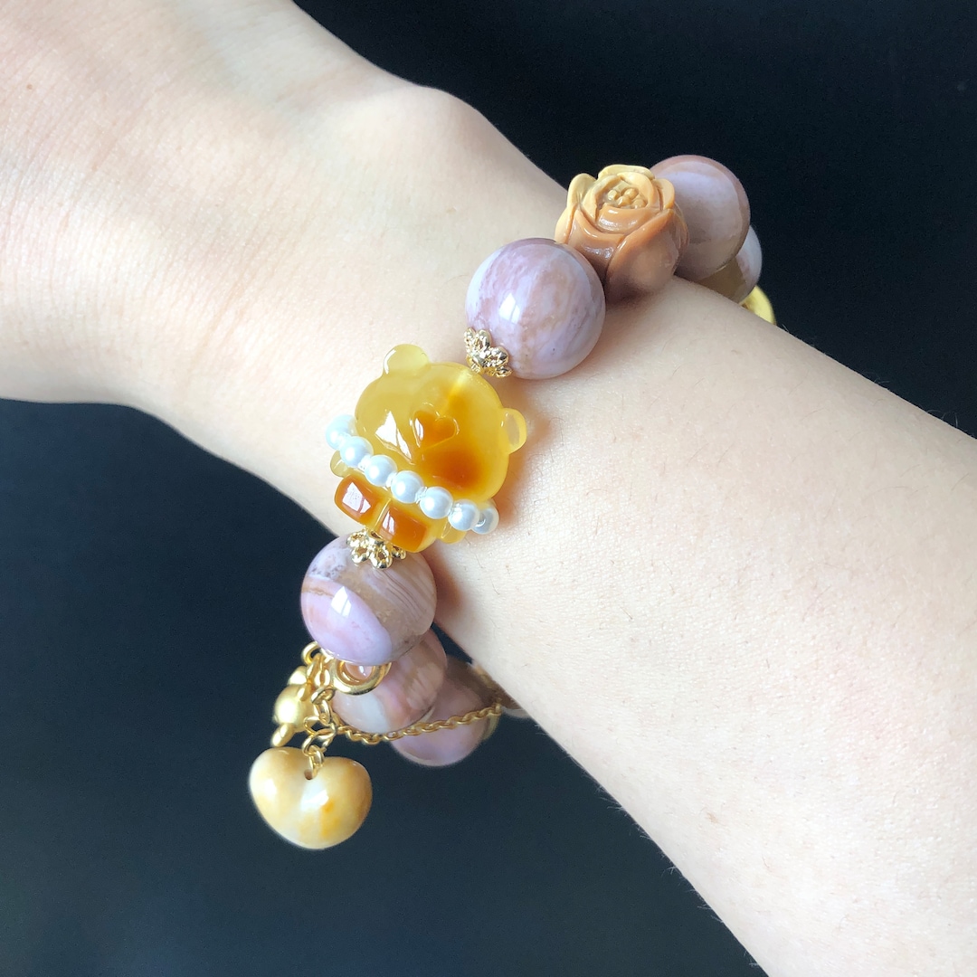 Natural Amber Bear and Alashan Agate Carved Charm DIY Handmade ...