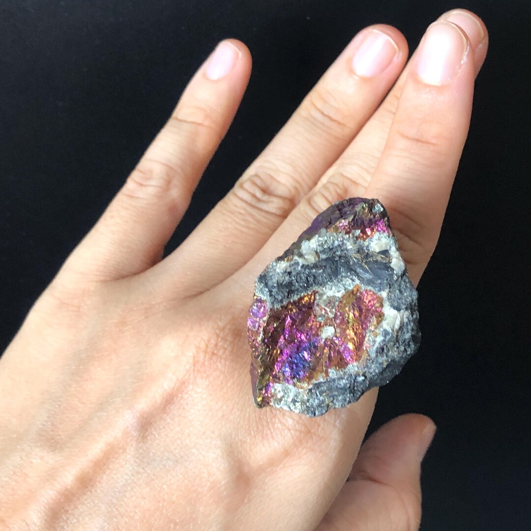 Raw Rainbow Bornite Ring, Peacock Ore, Large Raw Stone Ring Big Crystal ...