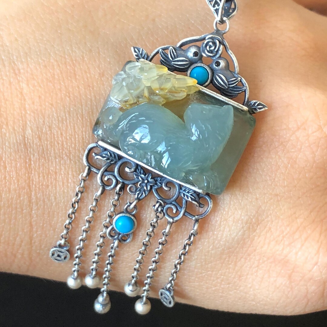 Certified Xiu Jade Serpentine Hand Carved Cat With Flower Pendant ...