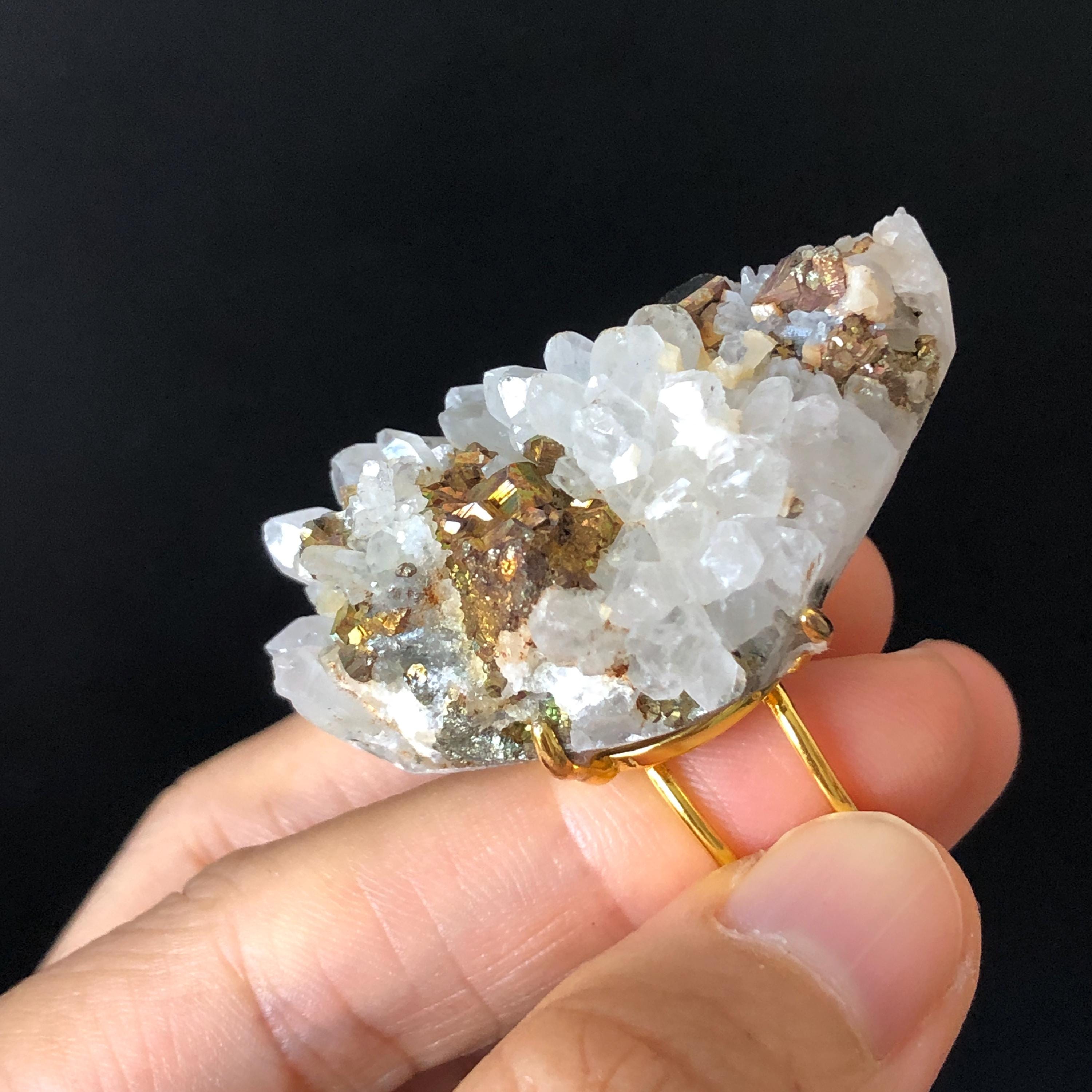 Raw Chalcopyrite and Clear Quartz Crystal Ring | Raw Stone Ring ...