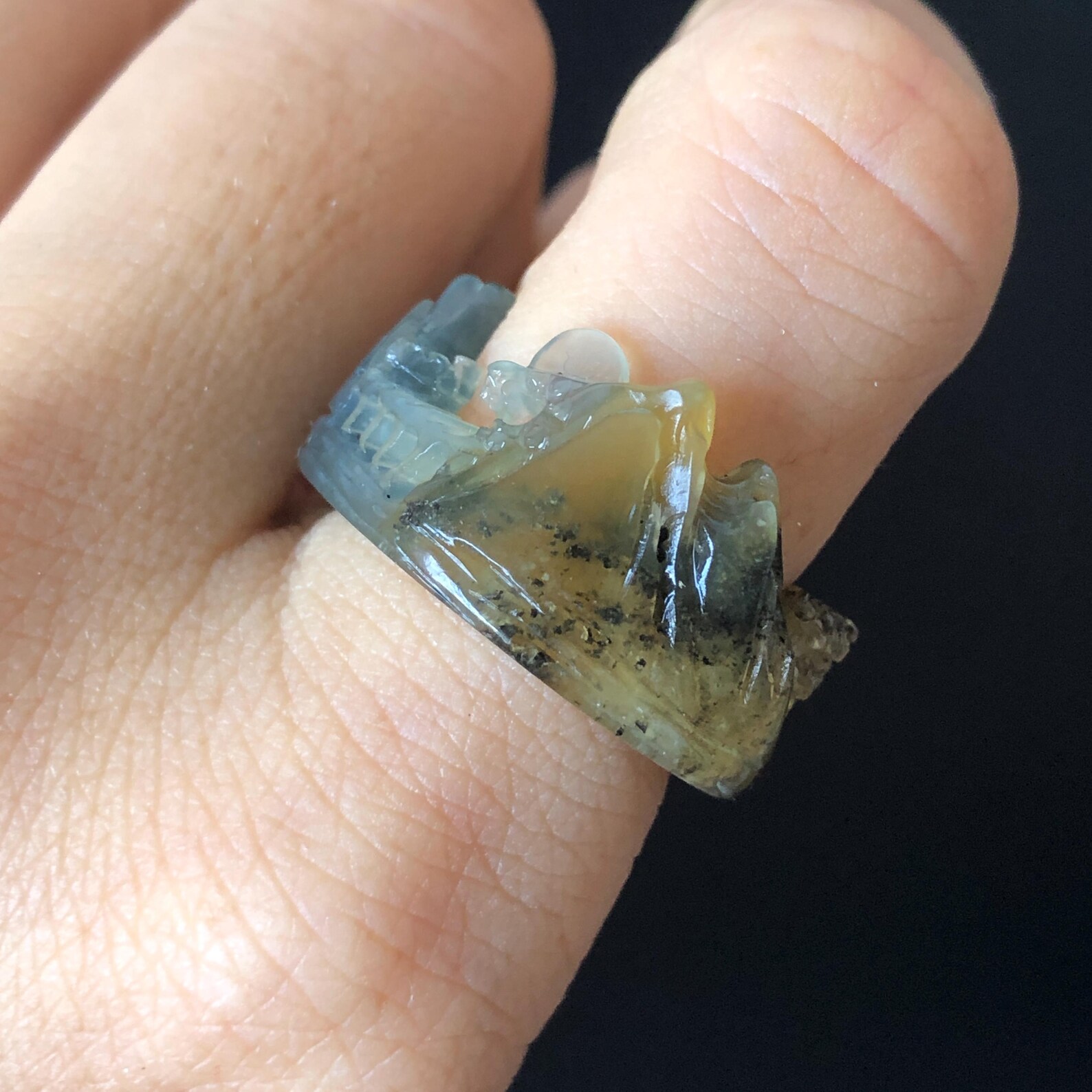 Natural Xiu Jade Serpentine Carved Countryside Landscape Ring | 17.4mm ...