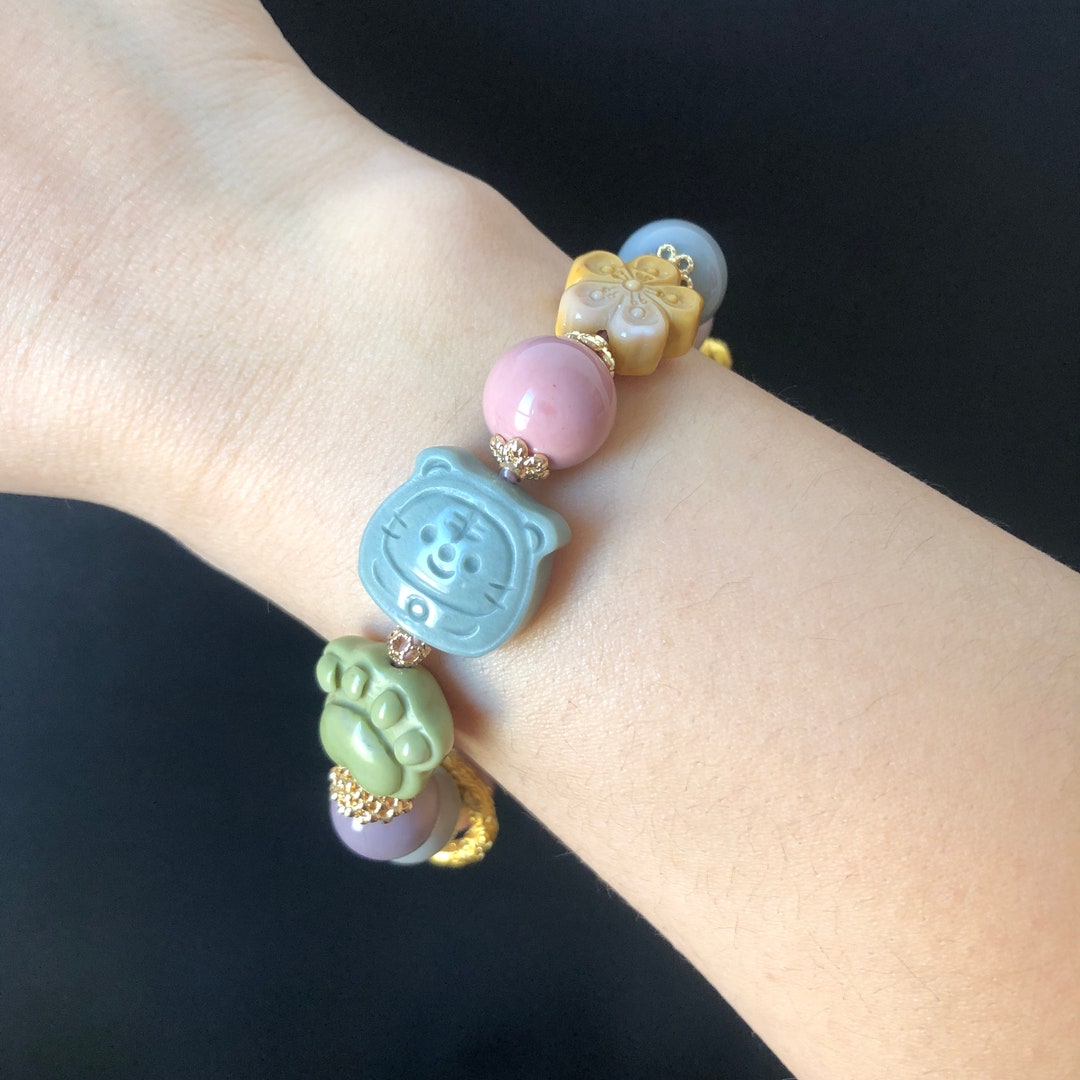 Alashan Agate Tiger Dharma With Paw and Sakura Carved Charm Bead ...