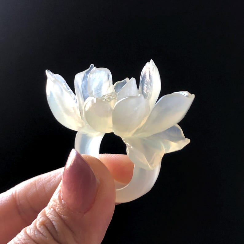 Custom Size! Xiu Jade Serpentine Hand Carved Lotus Flower Ring: Natural ...