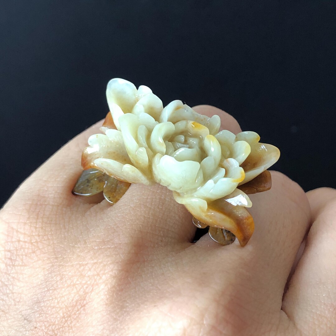 Natural Xiu Jade Hand Carved Peony Flower Serpentine Stone Ring ...