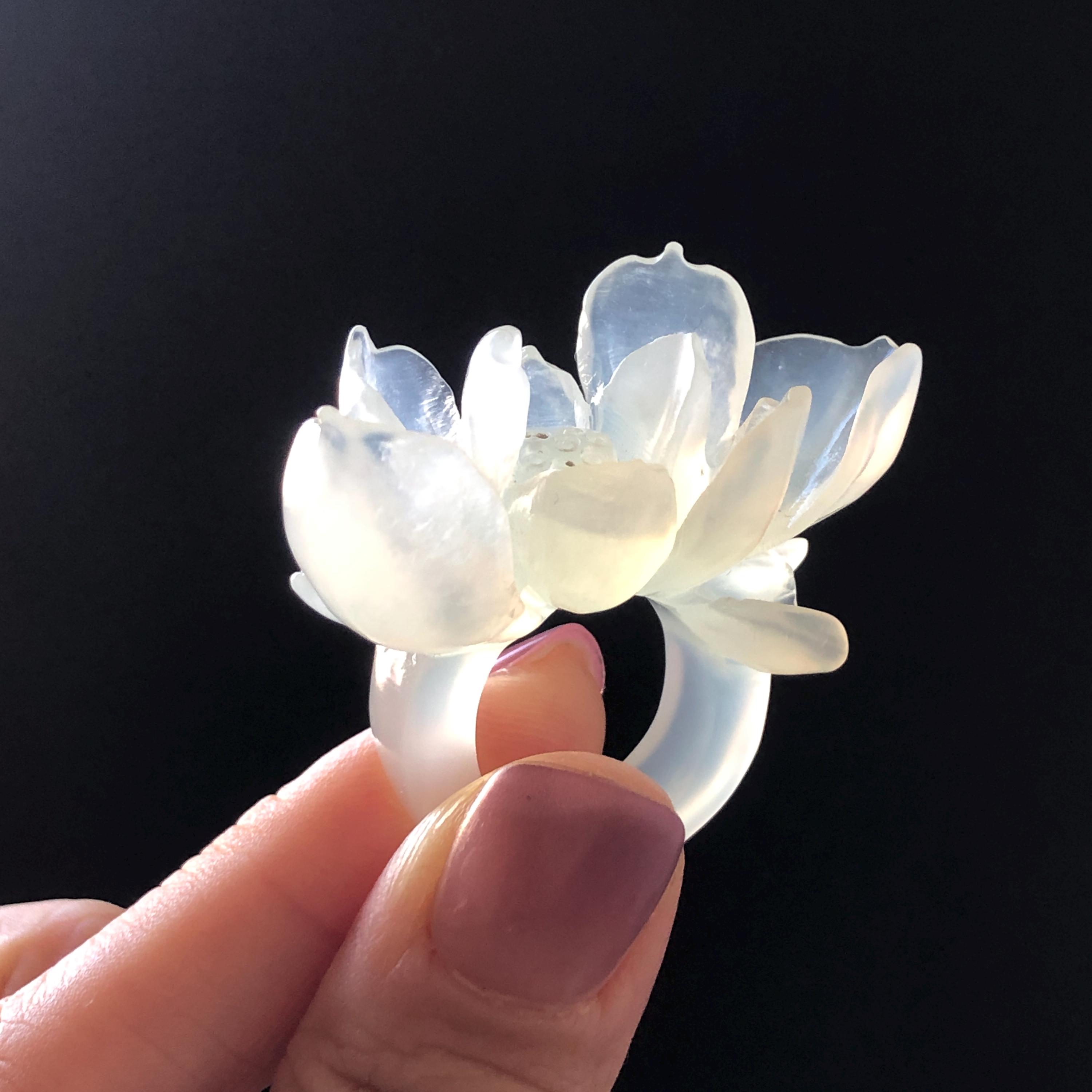 Custom Size! Xiu Jade Serpentine Hand Carved Lotus Flower Ring: Natural ...