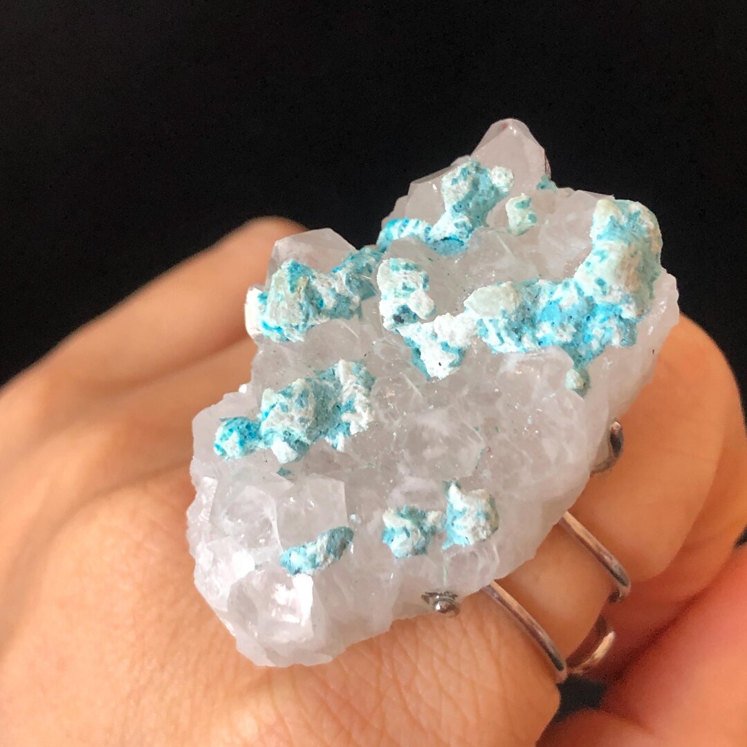 Raw Blue Hemimorphite Clear Quartz Crystal Stone Ring | Adjustable ...