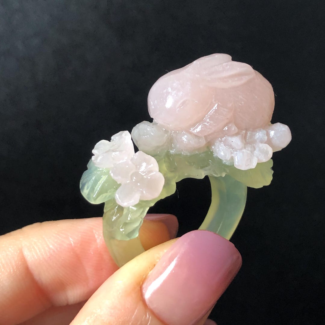Custom Size! Xiu Jade Serpentine Hand Carved Pink Rabbit Bunny Flower ...