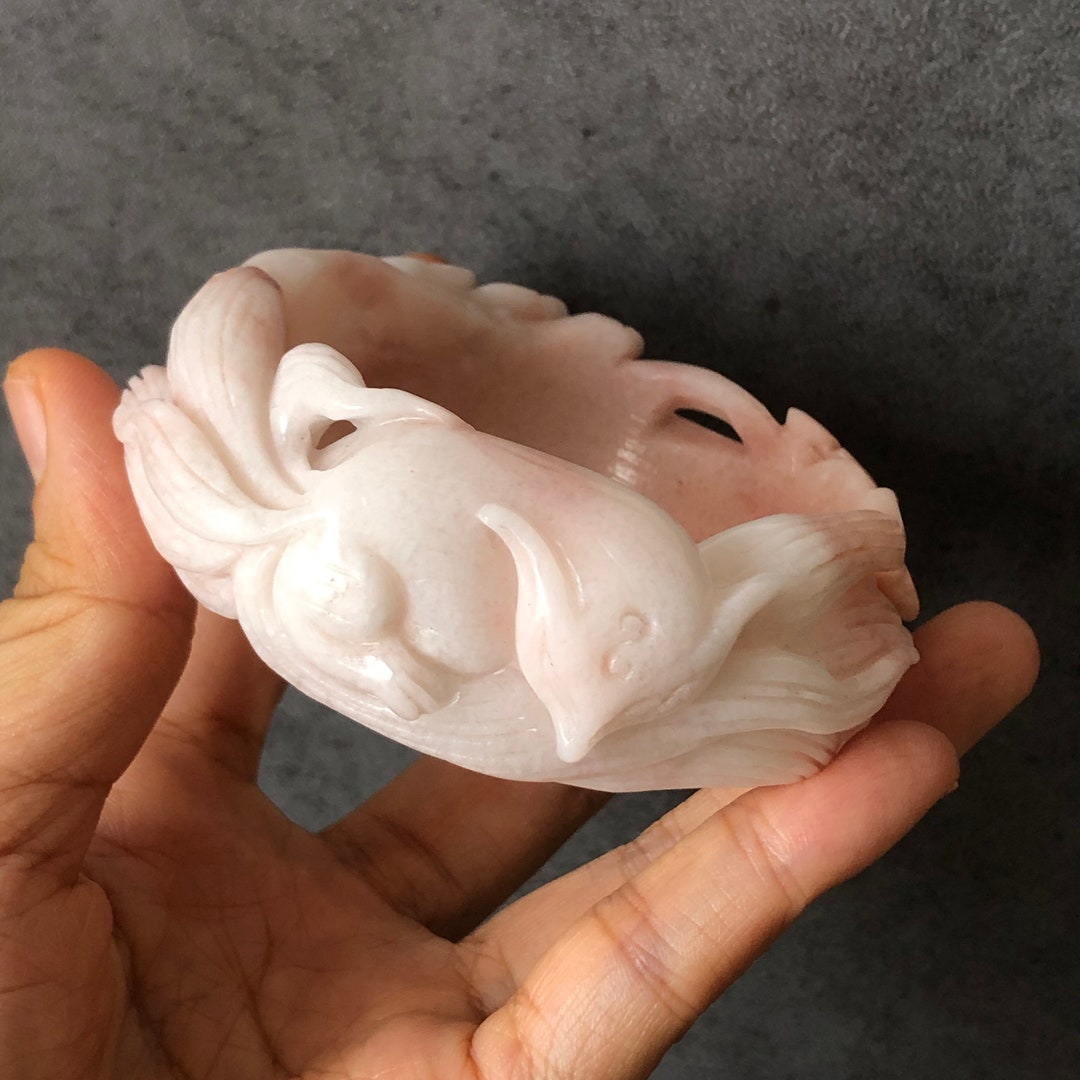 Natural Quartzite she Taicui Jade Hand Carved Nine-tailed Fox Flowers ...