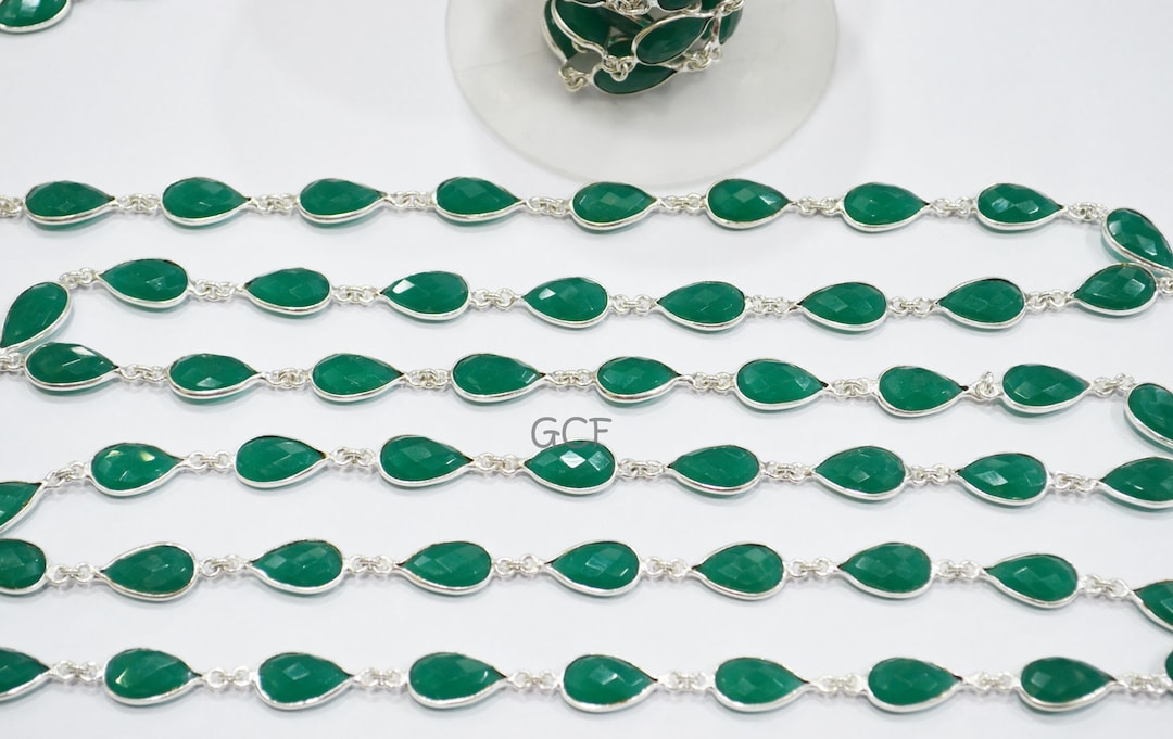 Pine Green Hydro Quartz Faceted Pear Shape Connector Chain , Pine Green ...