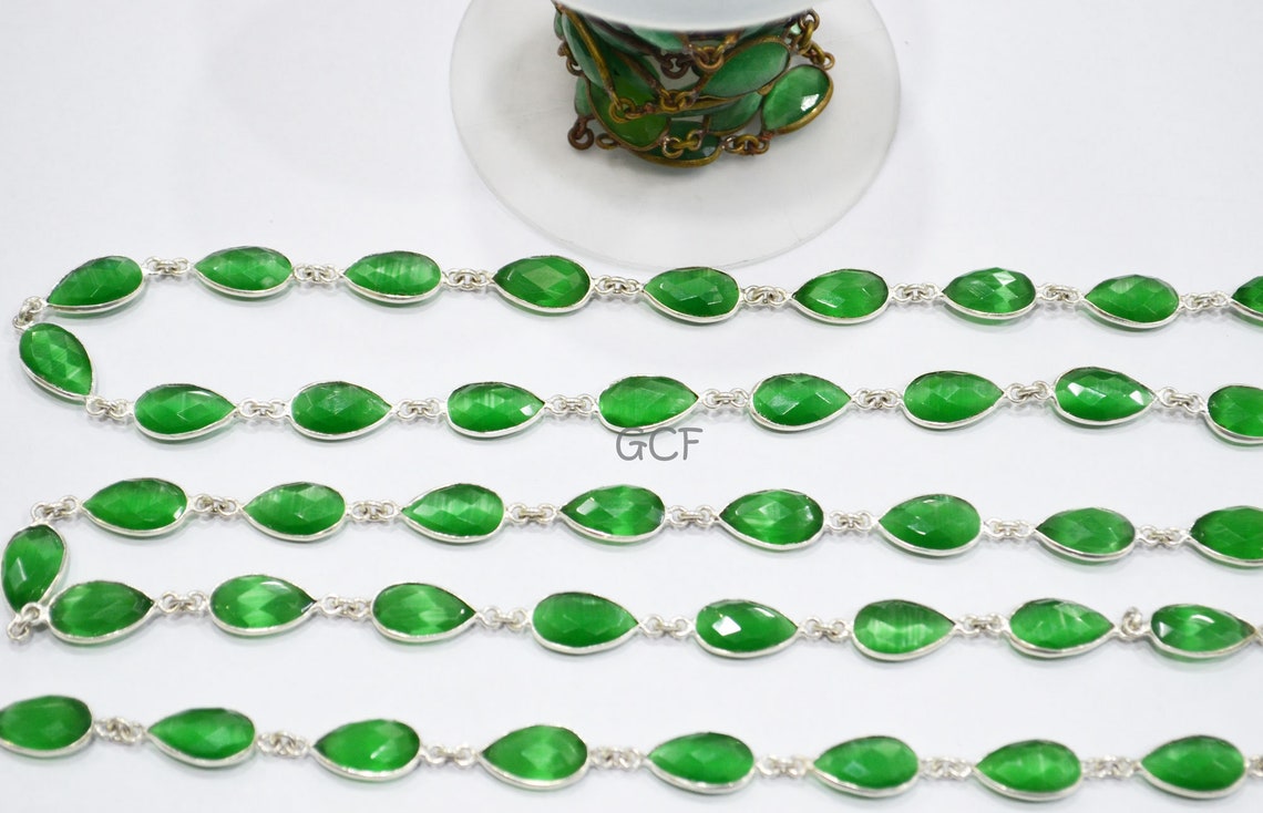 Cat's Eye Green Hydro Quartz Faceted Pear Shape Connector Chain , Cat's ...