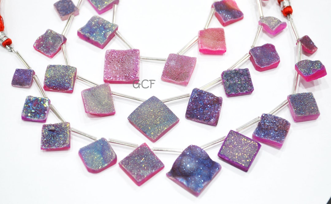 11 Pieces in A Strand Titanium Pink Druzy Square Shape Beads , Pink ...