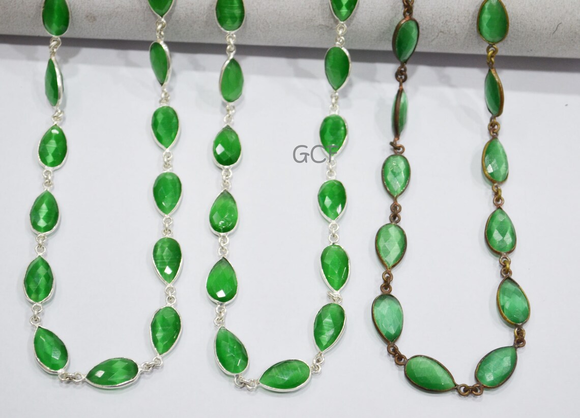 Cat's Eye Green Hydro Quartz Faceted Pear Shape Connector Chain , Cat's ...