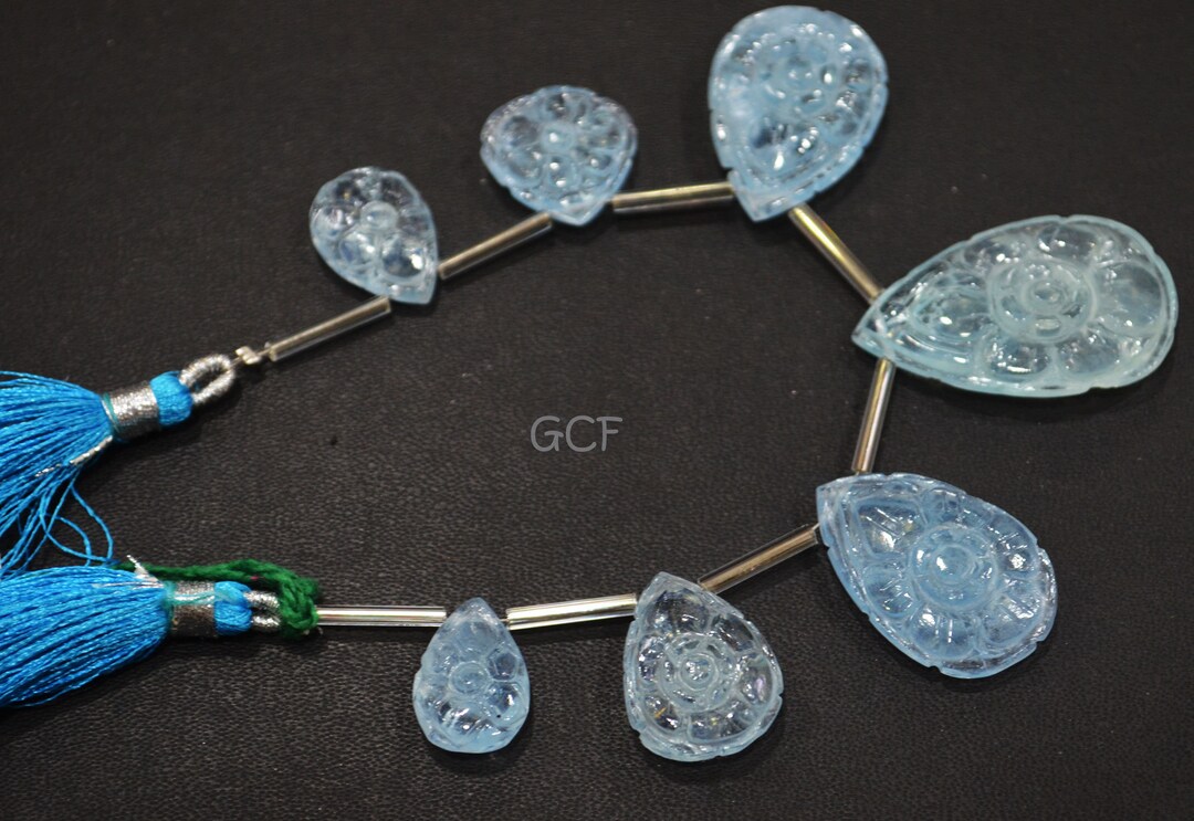 7 Pieces in A Strand Aquamarine Carved Flower Pear Shape Beads ...