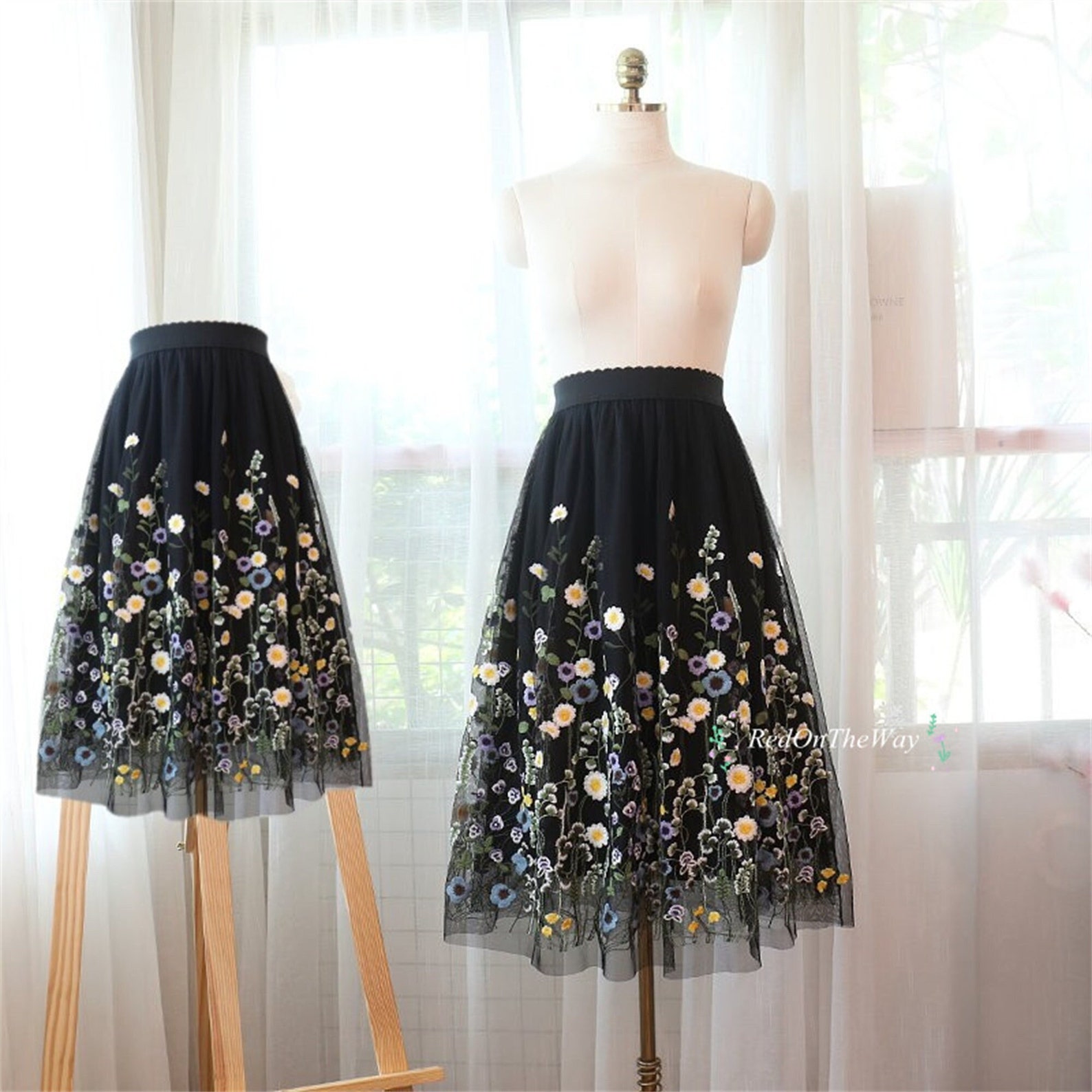 White Tulle Floral Garden Embroidery Midi Skirt With Elastic | Etsy