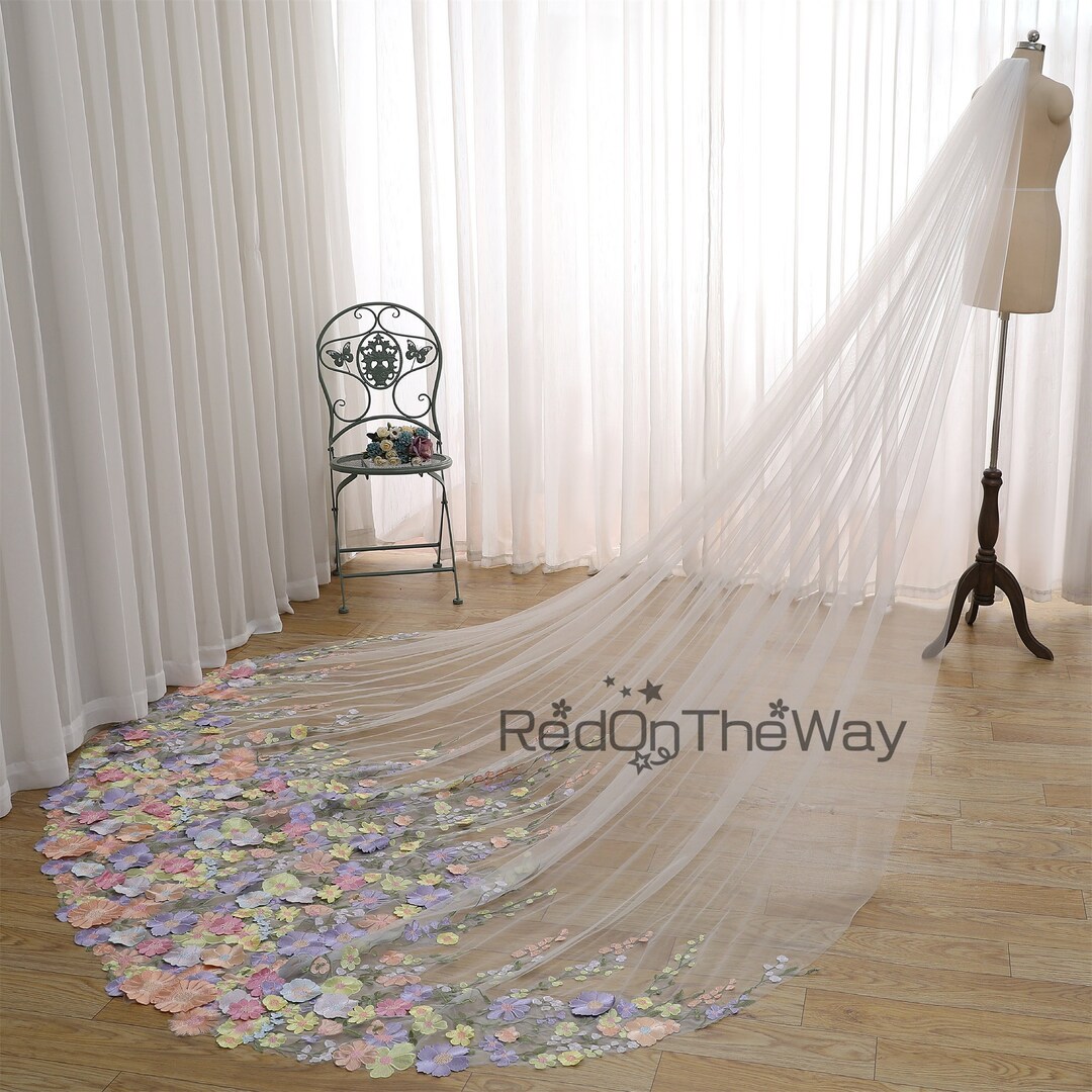 Lilac 3D Floral Appliques Veil, Long Cathedral Wedding Veil, Bridal ...