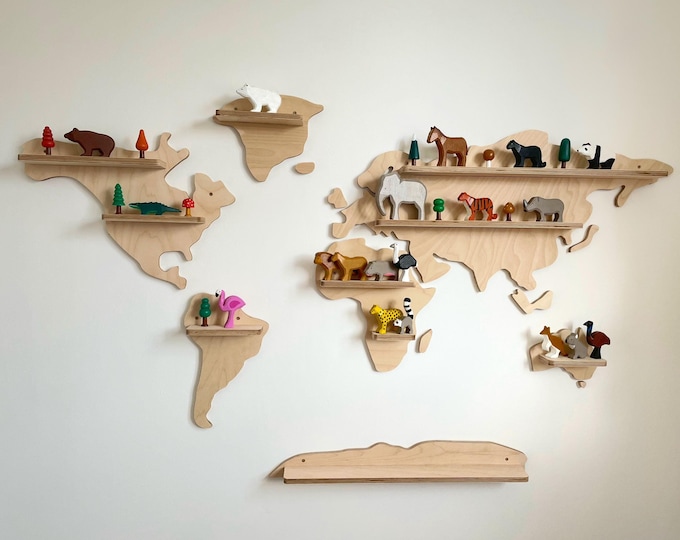 Handcrafted Wooden World Map Shelf, Continent Wall Shelves Decoration ...