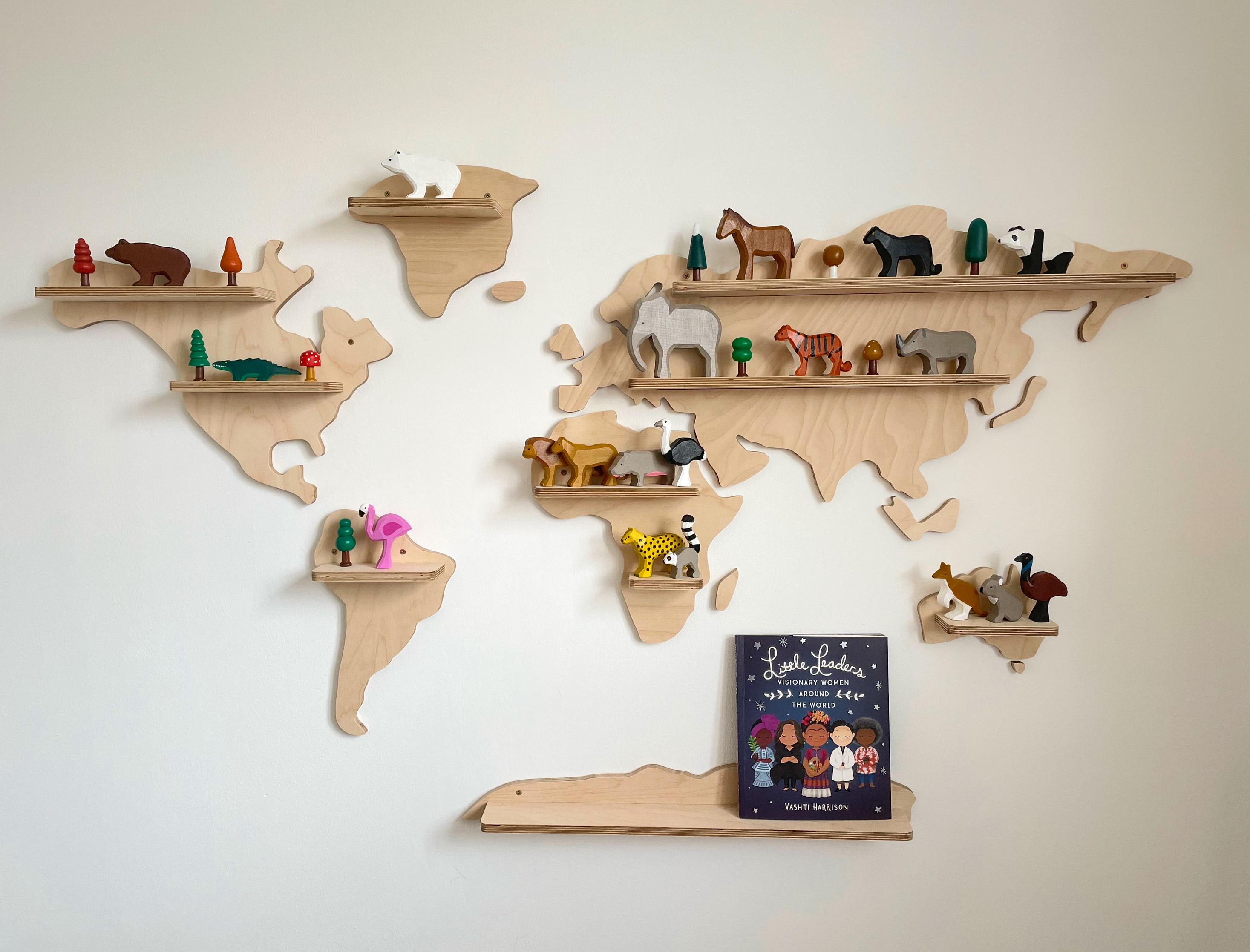 Handcrafted Wooden World Map Shelf, Continent Wall Shelves Decoration ...