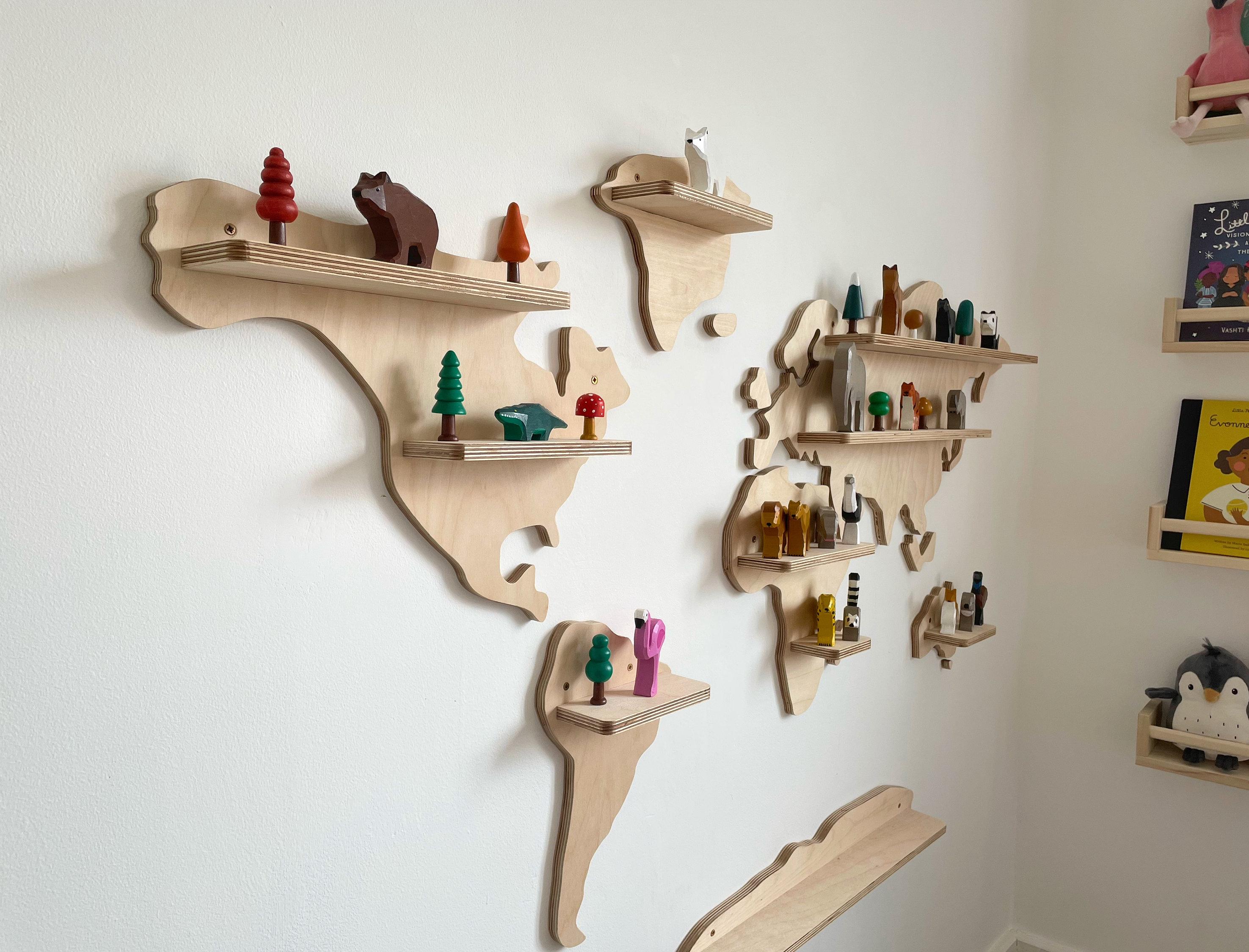 Handcrafted Wooden World Map Shelf, Continent Wall Shelves Decoration ...