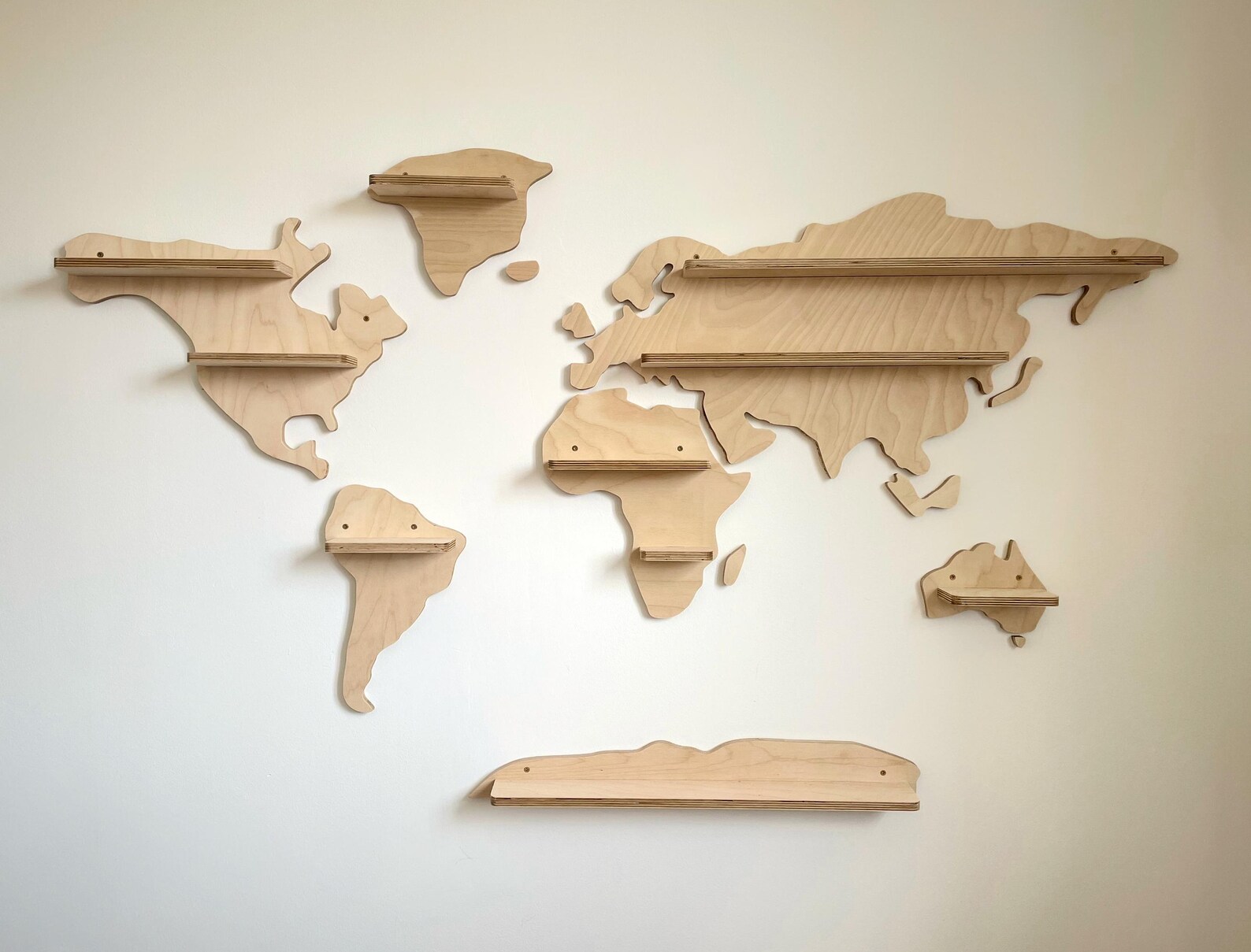 Handcrafted Wooden World Map Shelf, Continent Wall Shelves Decoration ...