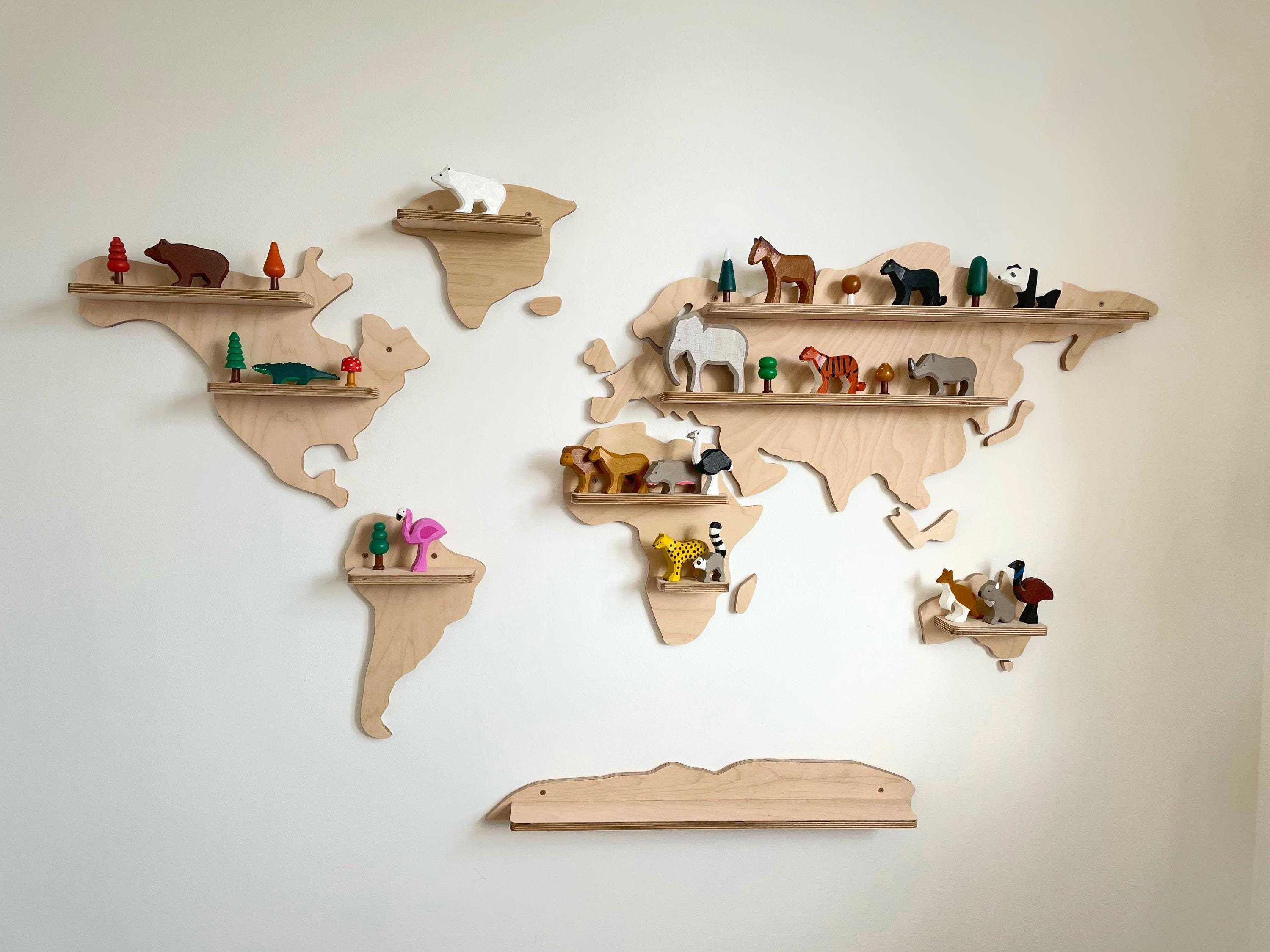 Handcrafted Wooden World Map Shelf, Continent Wall Shelves Decoration ...