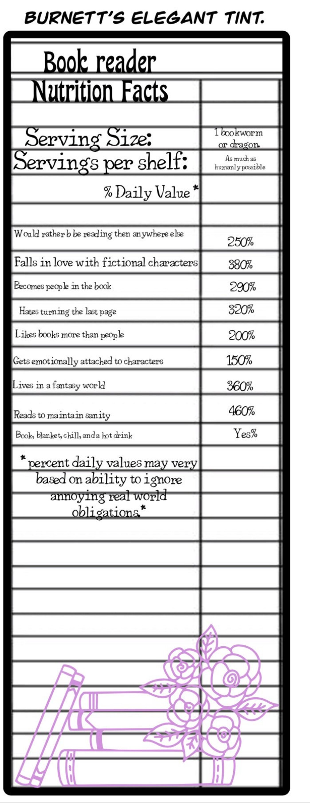 Book Reader Nutrition Facts Bookmark. - Etsy