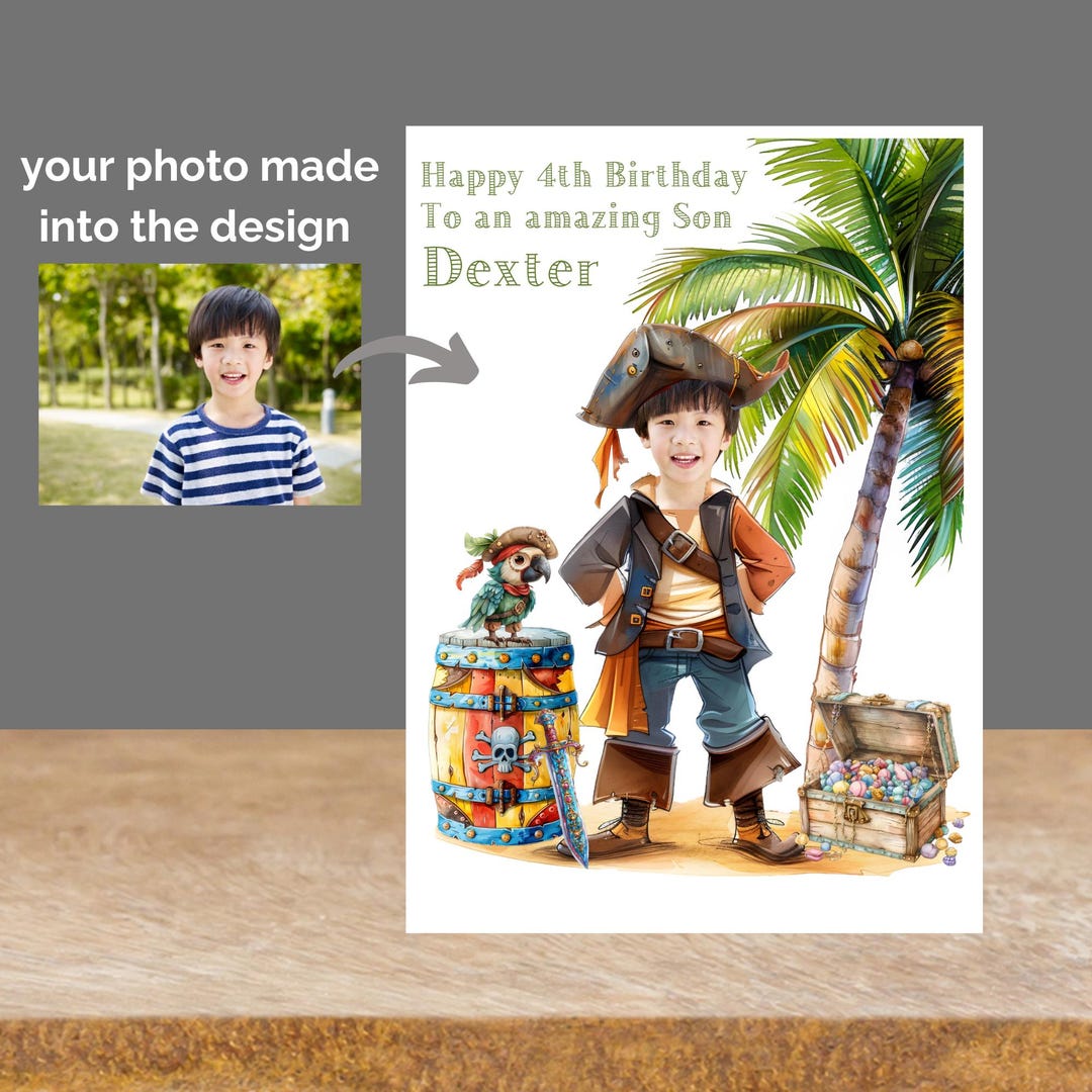 Pirate Birthday Card, Photo Upload Birthday Card, A4 Birthday Card ...