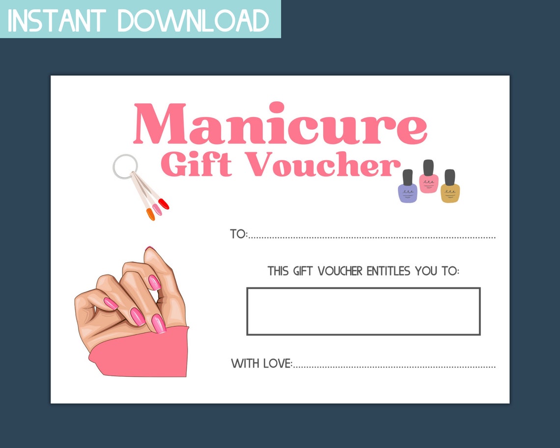 Manicure Gift Voucher, Nail Salon Gift Card, Printable Gift Card, Birthday Gift Certificate ...