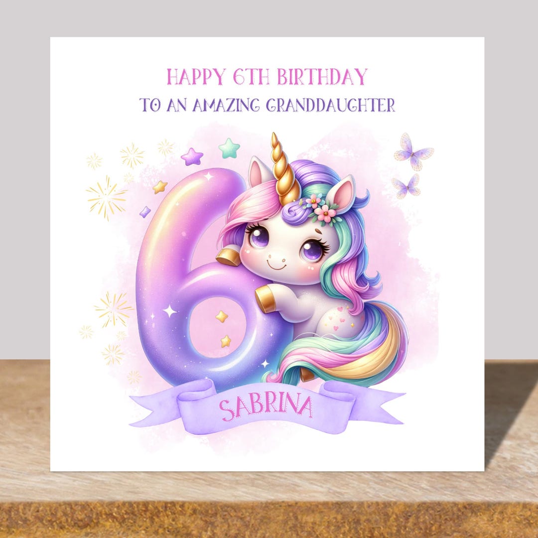 Unicorn 6th Birthday Card, Granddaughter 8th Birthday Card, Rainbow ...