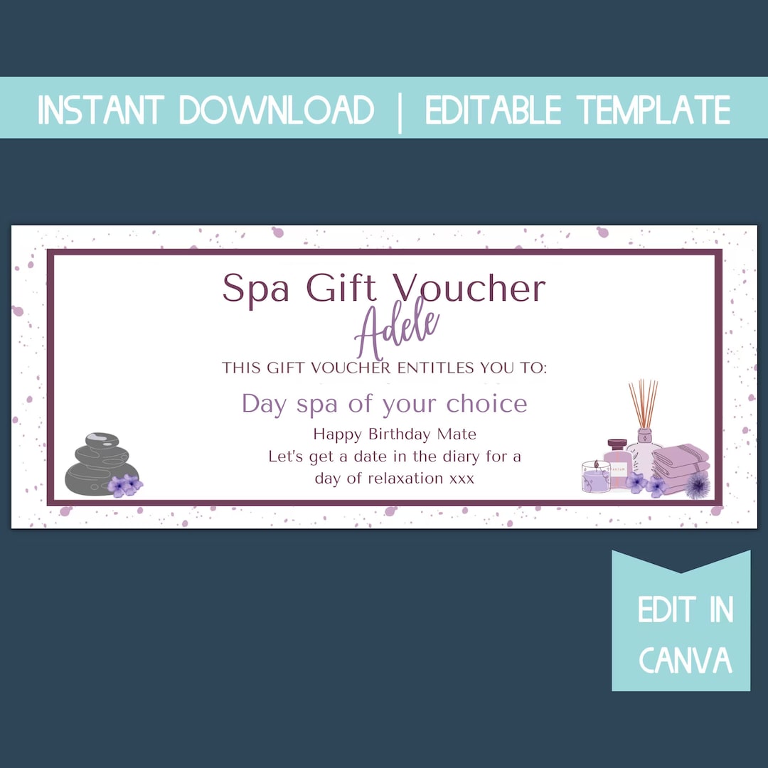 Spa Day Gift Card for Friend, Gift Certificate Template Printable, Spa ...