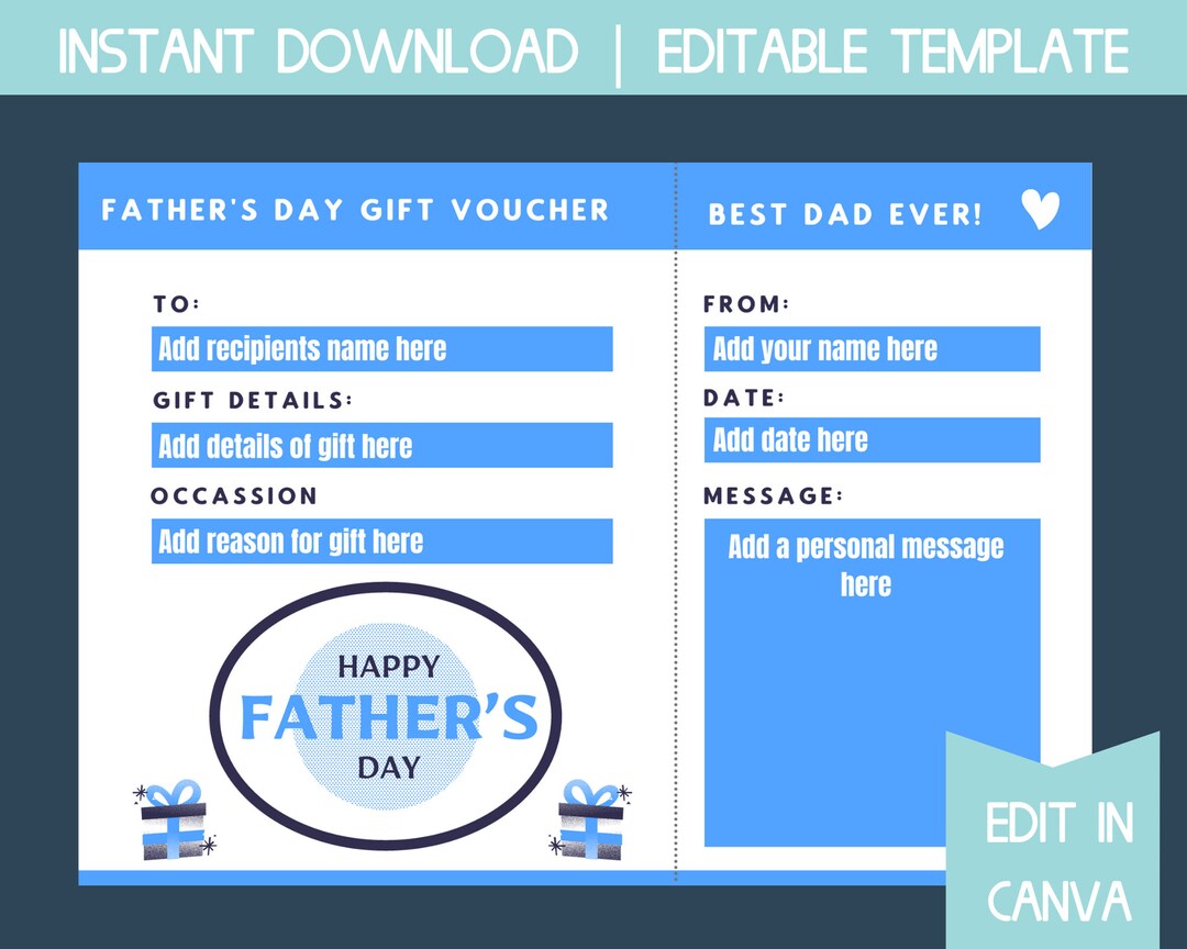 Fathers Day Gift Voucher Template, Printable Gift Certificate, Edit in ...