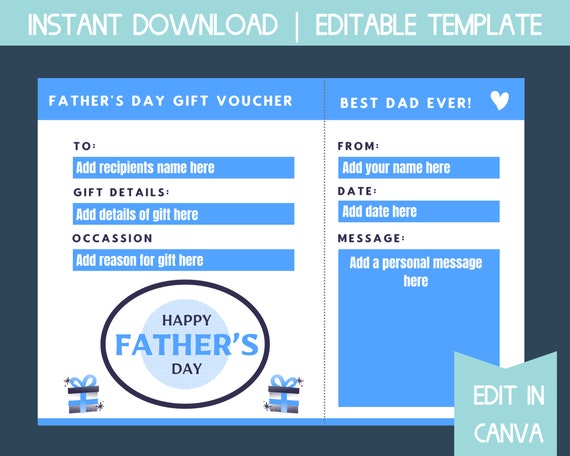 Fathers Day Gift Voucher Template Printable Gift Certificate - Etsy