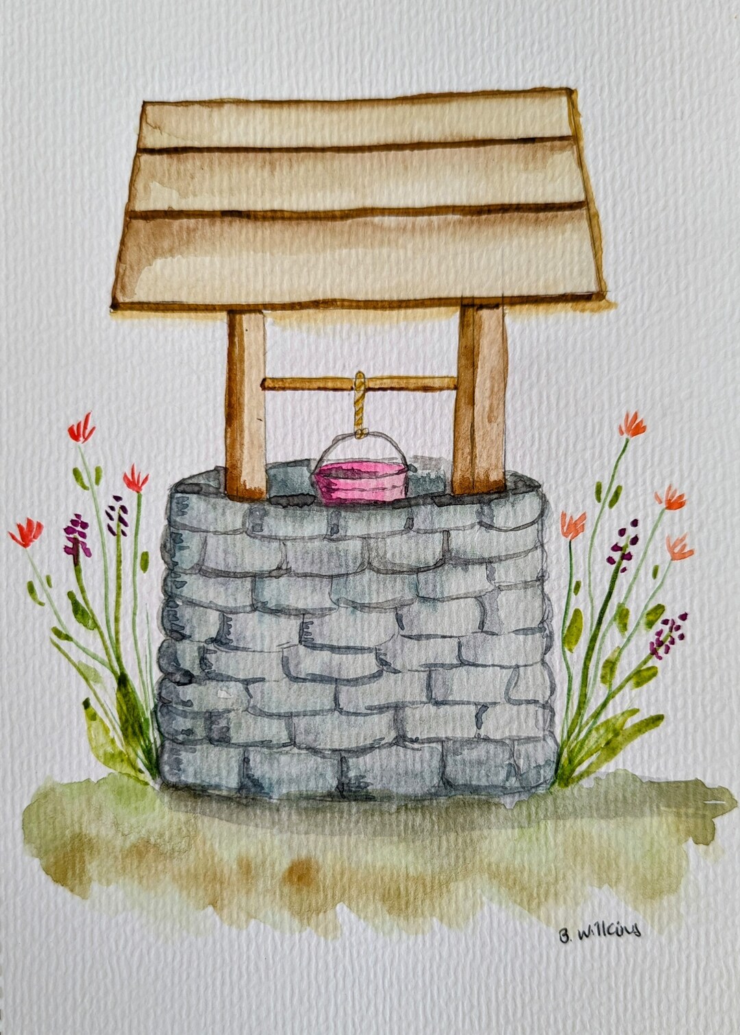 Original Art Wishing Well Watercolor Painting, 6x8 Unframed House Decor ...