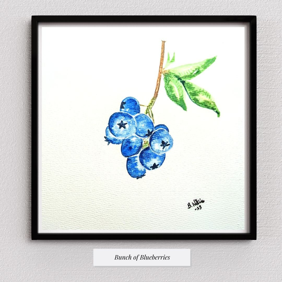 Blueberry Watercolor Art | Framed 8x8 Botanical Painting | Kitchen Wall ...