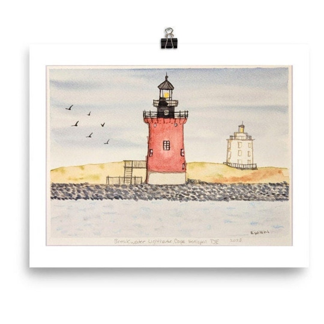 Lewes DE Lighthouse Watercolor Art Print, Delaware, East End Breakwater ...