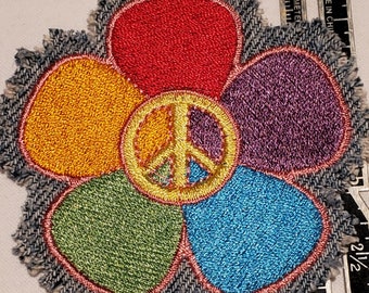 Patch: Peace Symbol Flower Red Embroidered on Denim Iron on or Sew on ...