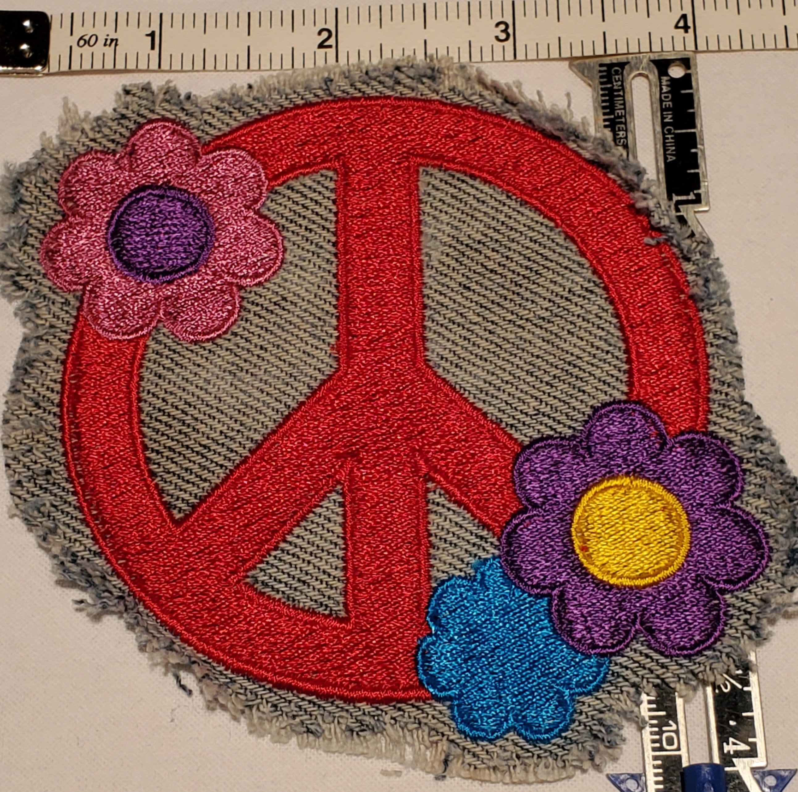 Patch: Peace Symbol Flower Red Embroidered on Denim Iron on or Sew on ...