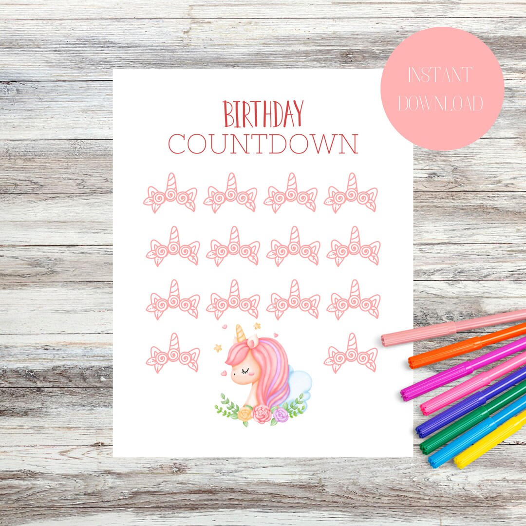 Birthday Countdown Printable Unicorn, Coloring Page Unicorn - Etsy