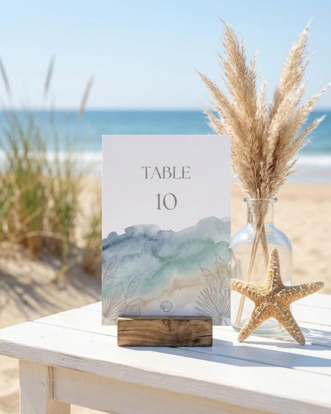 Beach Wedding Table Numbers Template Watercolor Ocean Palm Leaf Coastal ...
