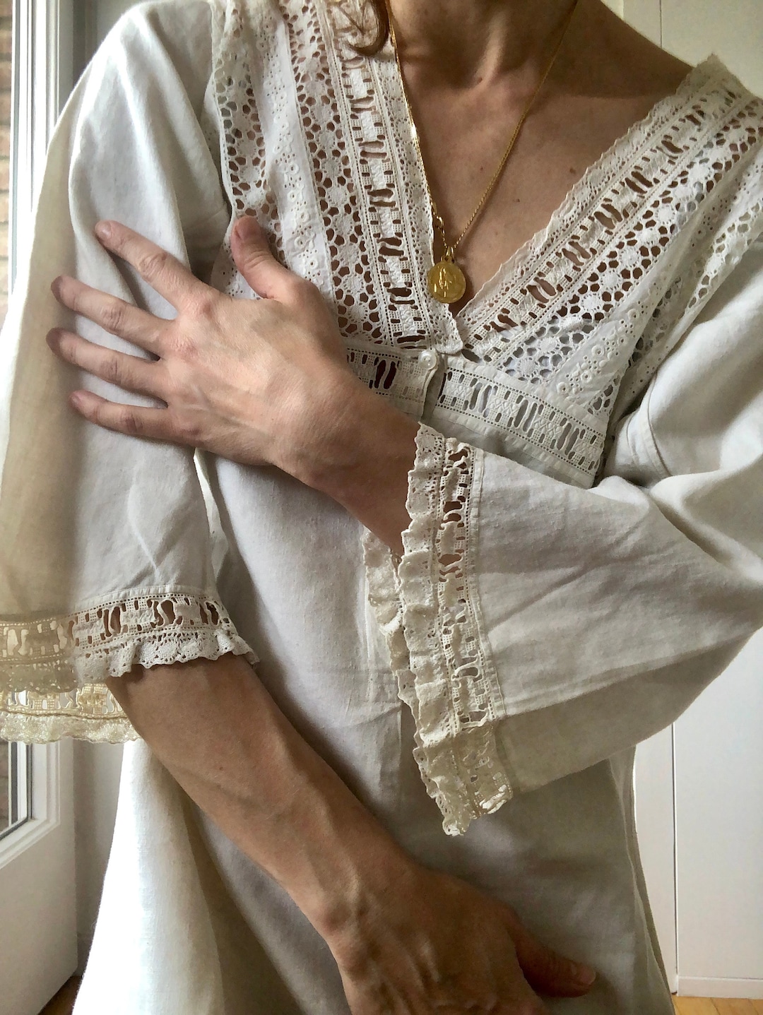 Vintage Antique French Linen Maxi Dress, Button Up, Antique White ...